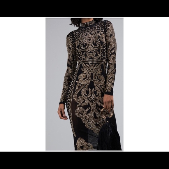 chalice | Dresses | Black And Gold Sheer Stud Dress With Mock Neck ...